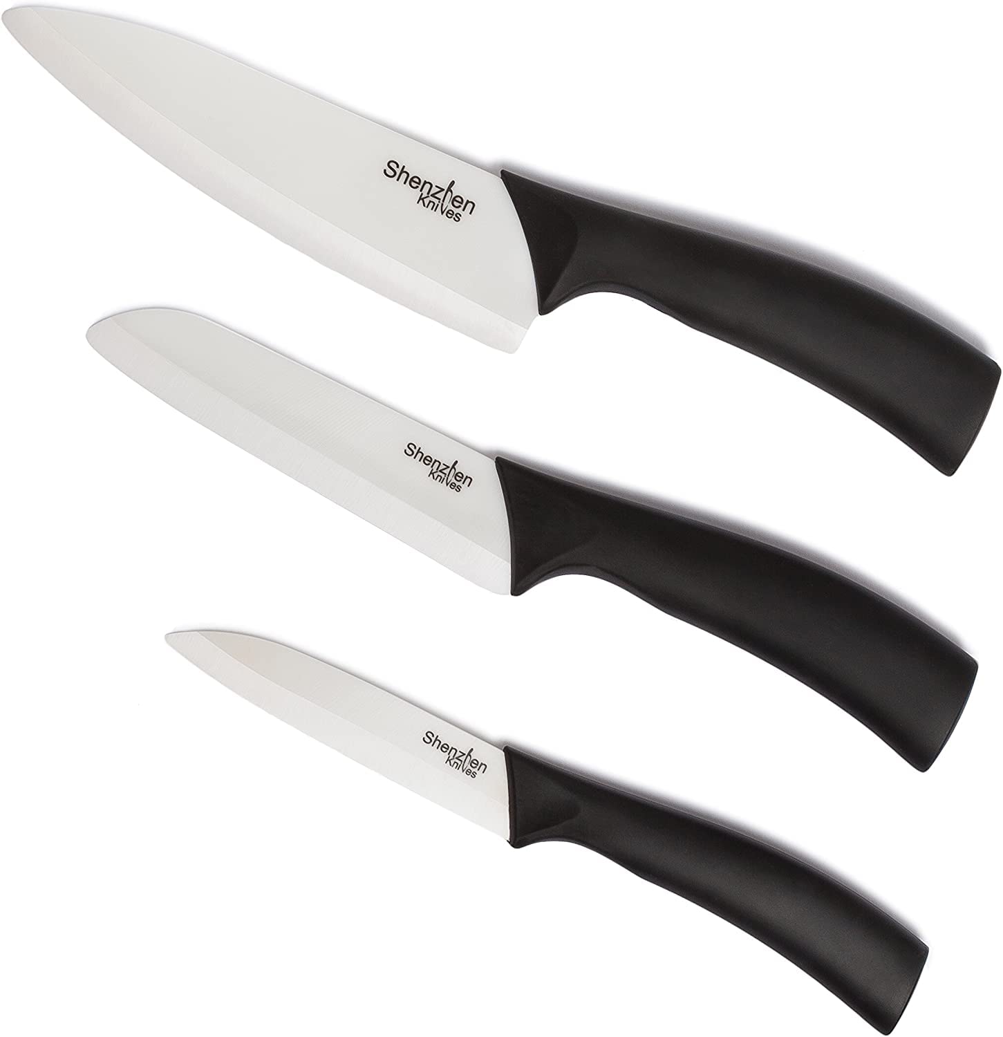 3-Piece Ceramic Knife Set by Shenzhen Knives: 6" Chef's Knife, 5" Slicing Knife, and 4" Paring Knife Set