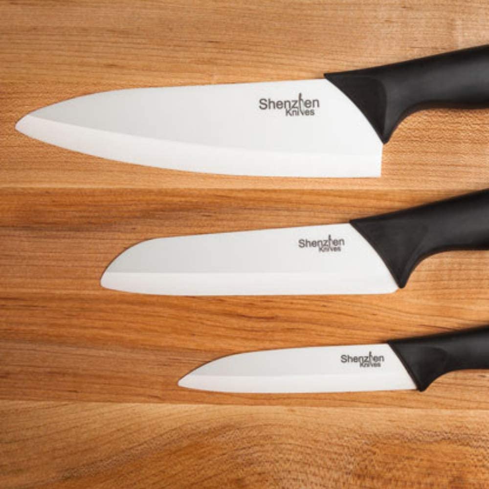 3-Piece Ceramic Knife Set by Shenzhen Knives: 6" Chef's Knife, 5" Slicing Knife, and 4" Paring Knife Set