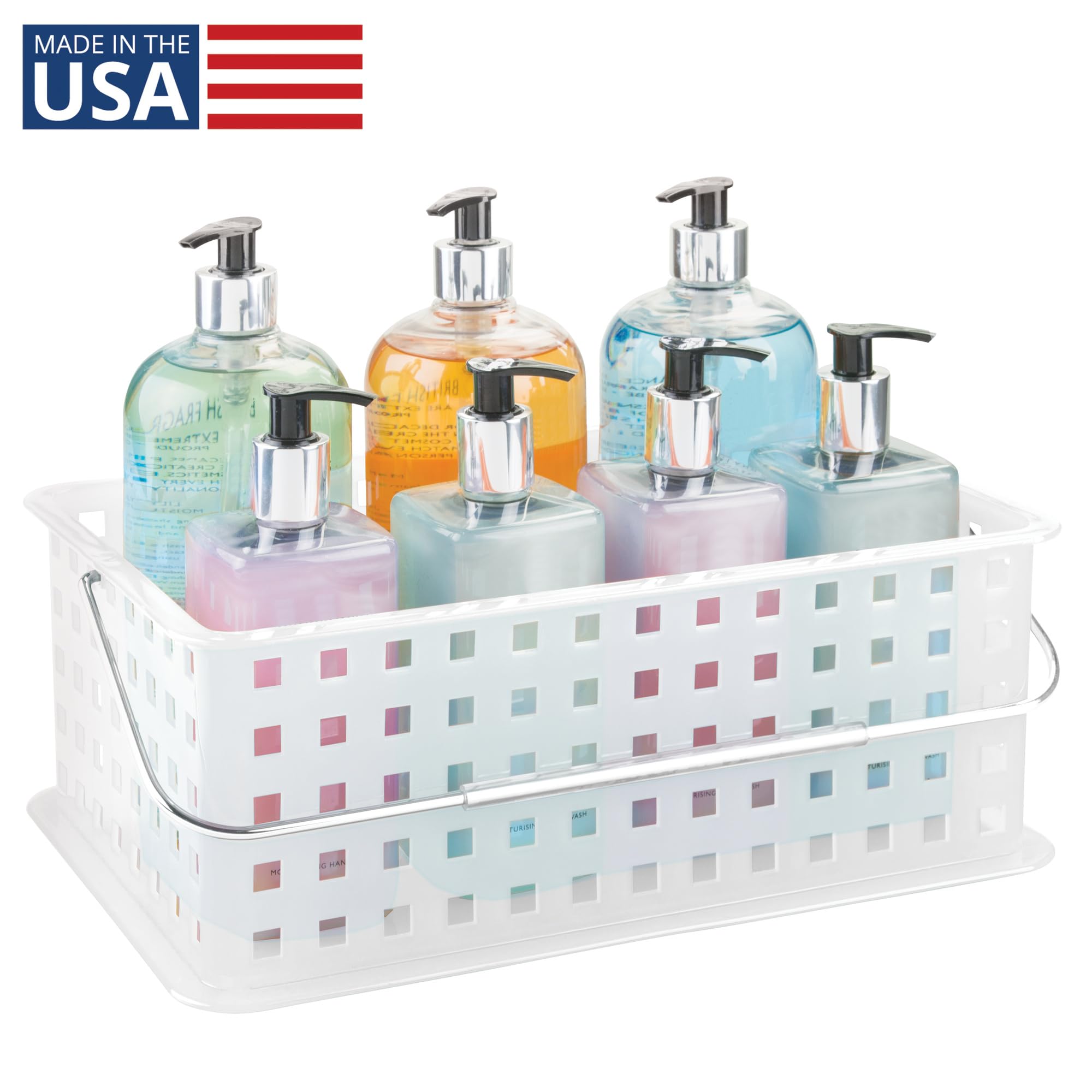 iDesign Spa Storage Organizer Basket with Handle, Stackable Container for Bathroom, Health, Cosmetics, Hair Supplies and Beauty Products, 8.69" x 13.94" x 5.12", Frost White