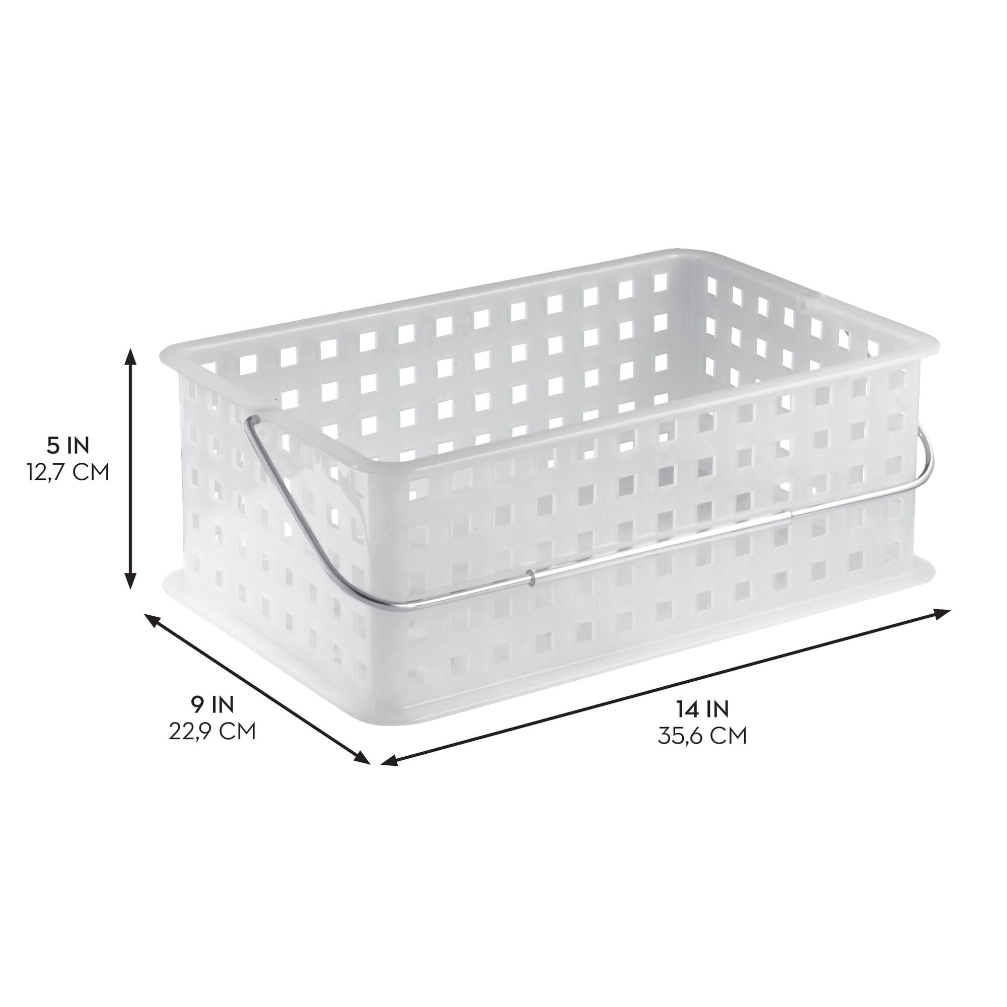 iDesign Spa Storage Organizer Basket with Handle, Stackable Container for Bathroom, Health, Cosmetics, Hair Supplies and Beauty Products, 8.69" x 13.94" x 5.12", Frost White