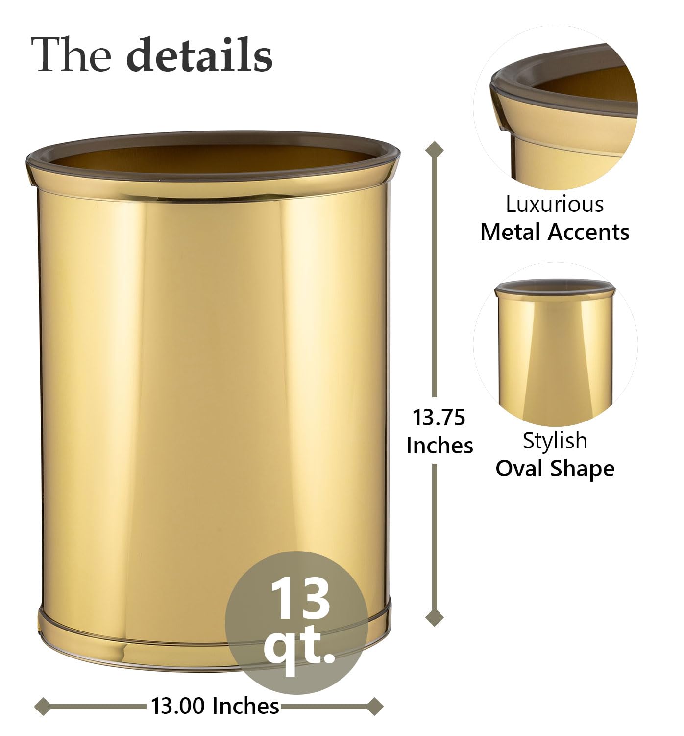 Kraftware Polished Brass Designer 14” Oval Wastebasket for Home & Office (76074)