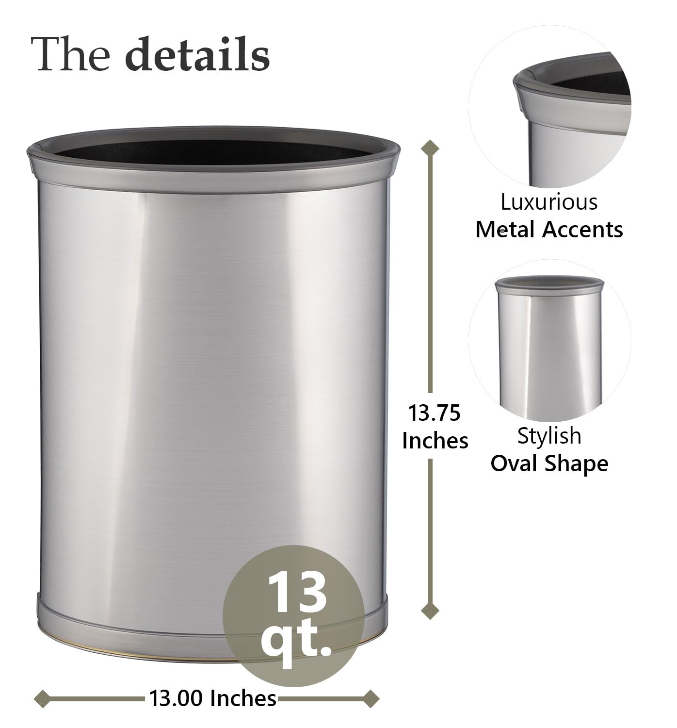 Kraftware Brushed Chrome Waste Basket Grey Bumper, MADE IN U.S.A, 13 Quart