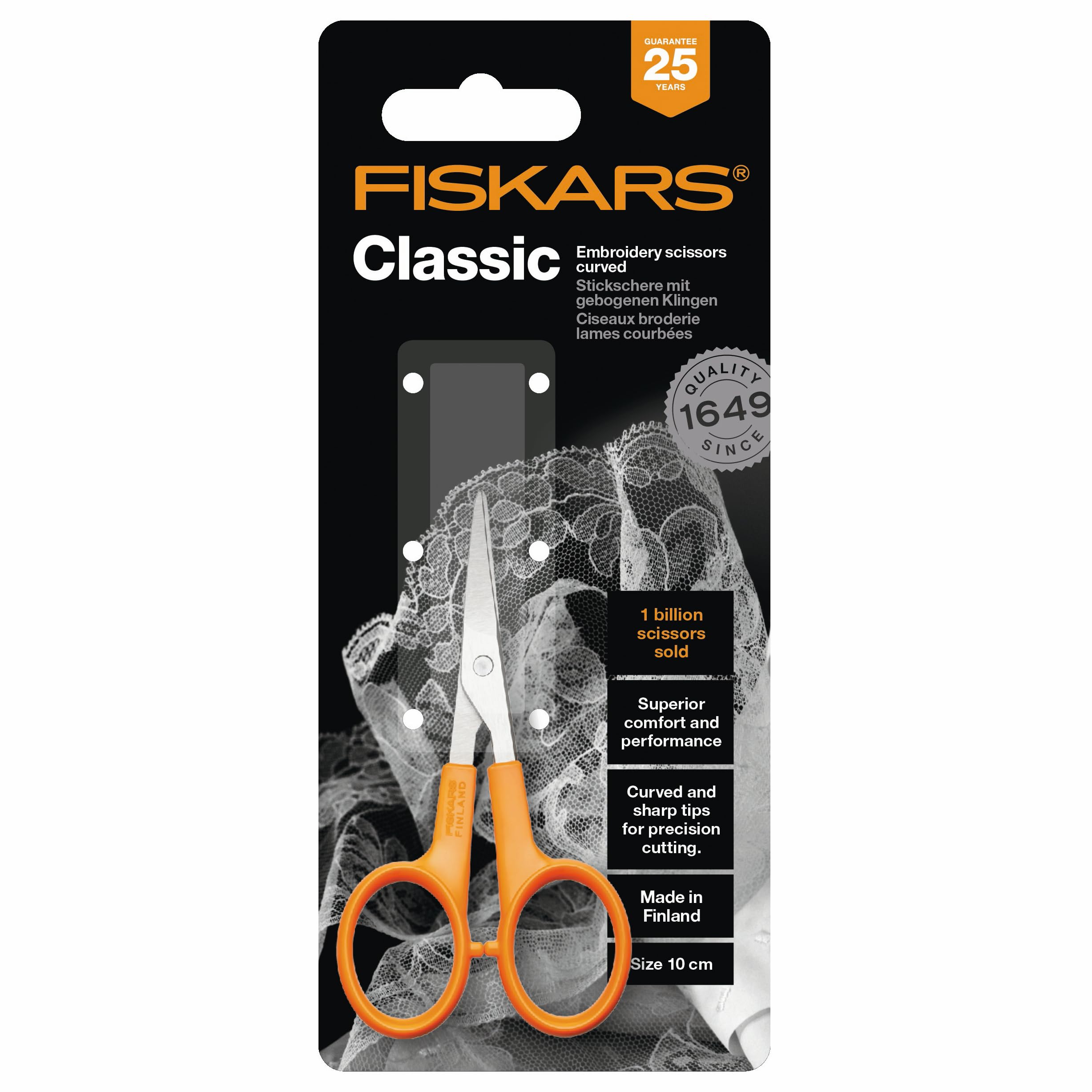 Fiskars Embroidery Curved, Length: 10 cm, For Right- and Left-handed Users, Stainless Steel Blade/Plastic Handles, Orange, Classic, 1005144