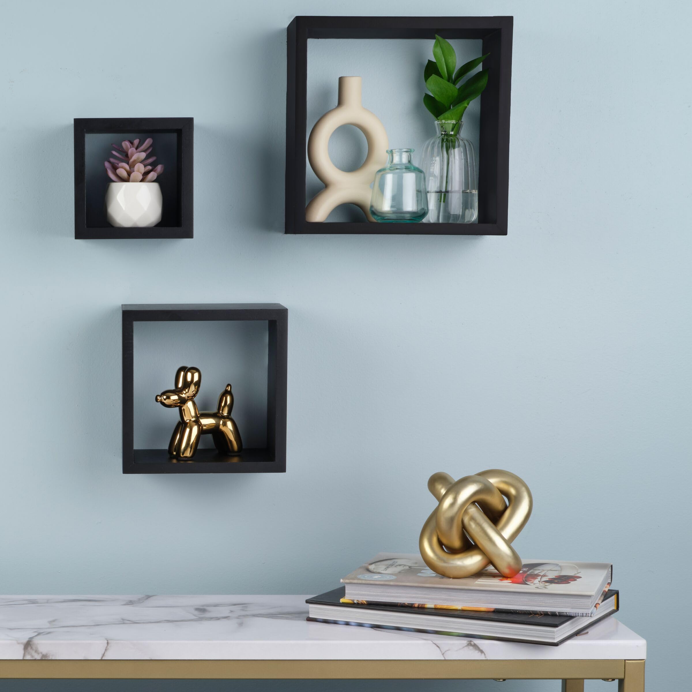 Melannco Floating Wall Square Cube Shelves for Bedroom, Living Room, Bathroom, Kitchen - Wood, Set of 3, Black