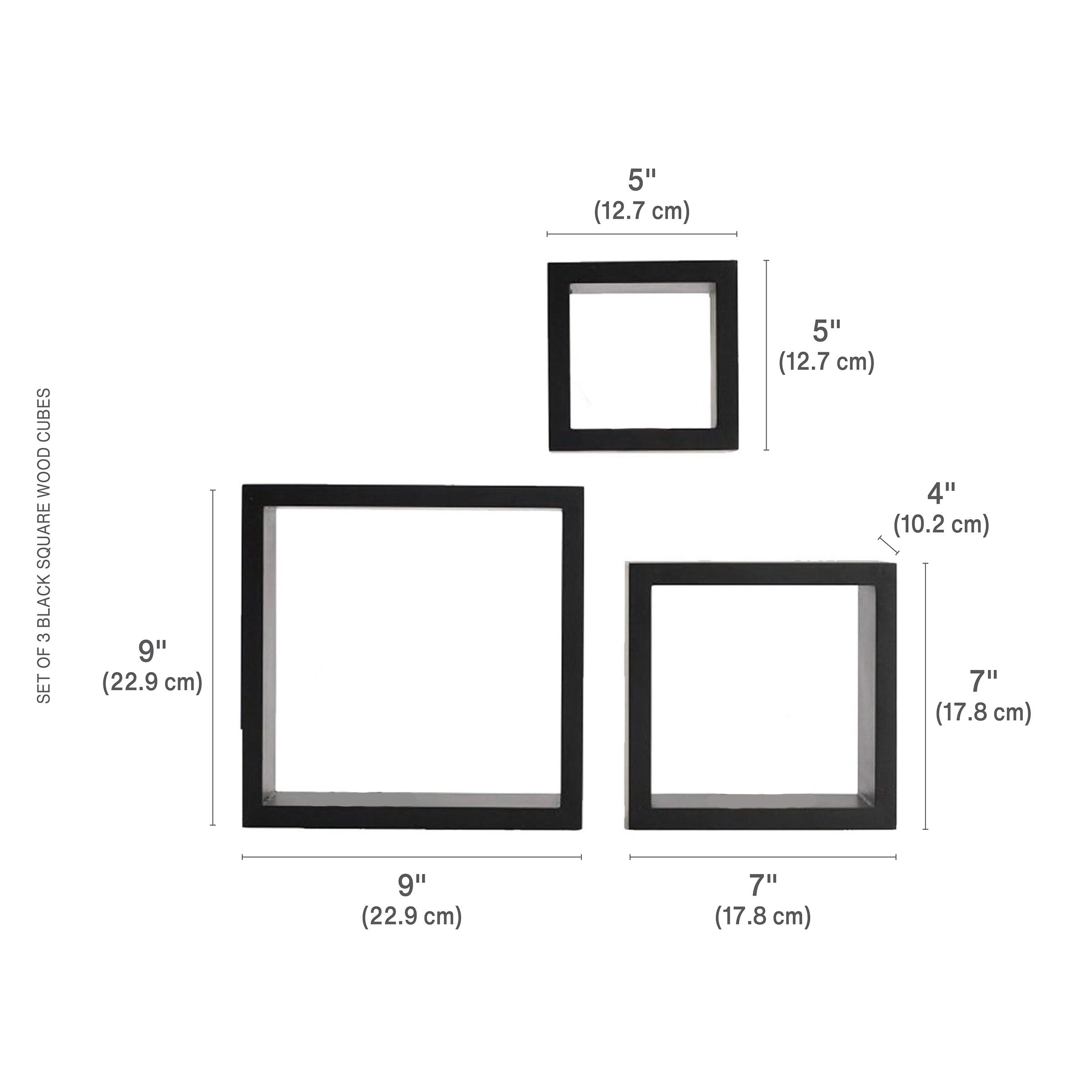 Melannco Floating Wall Square Cube Shelves for Bedroom, Living Room, Bathroom, Kitchen - Wood, Set of 3, Black