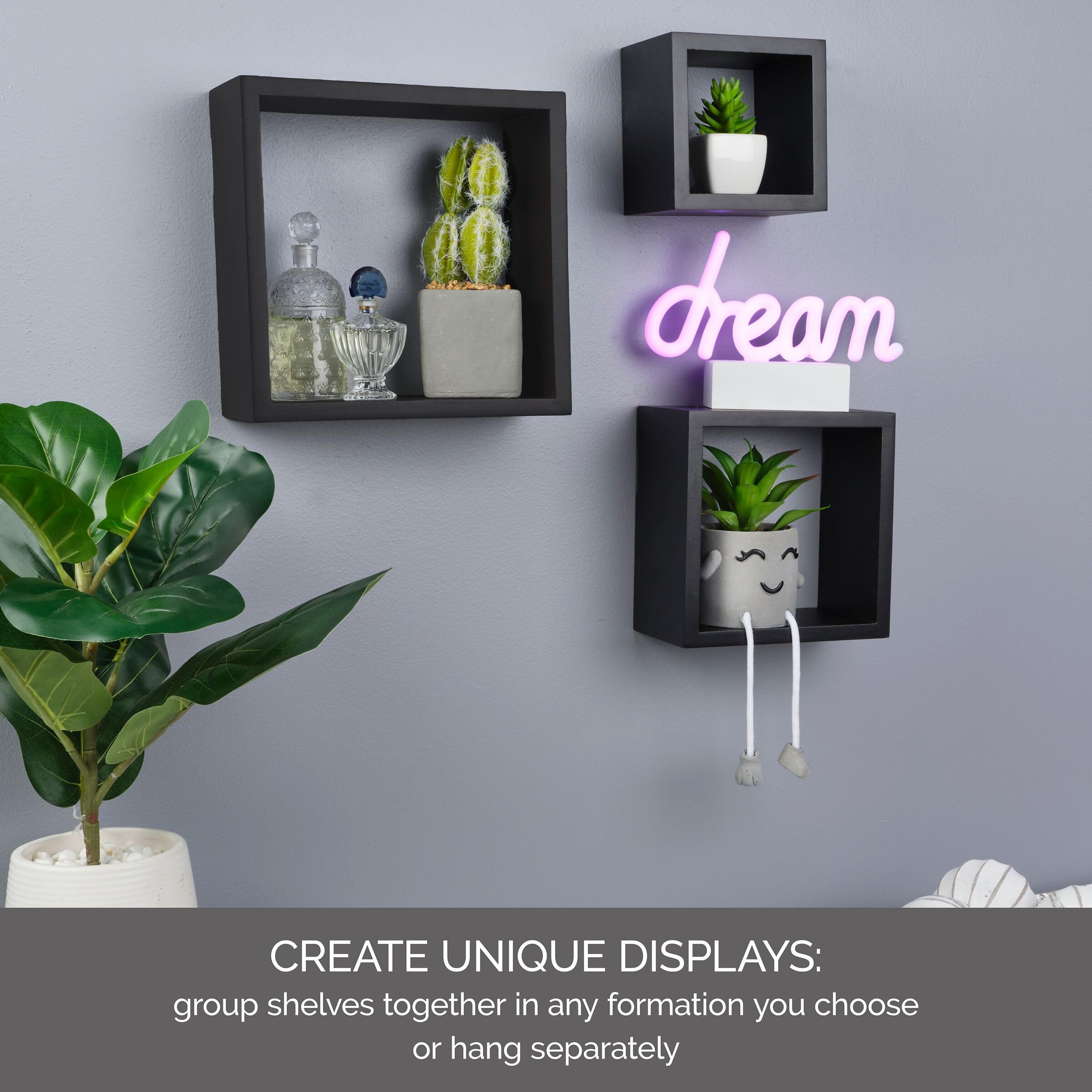 Melannco Floating Wall Square Cube Shelves for Bedroom, Living Room, Bathroom, Kitchen - Wood, Set of 3, Black