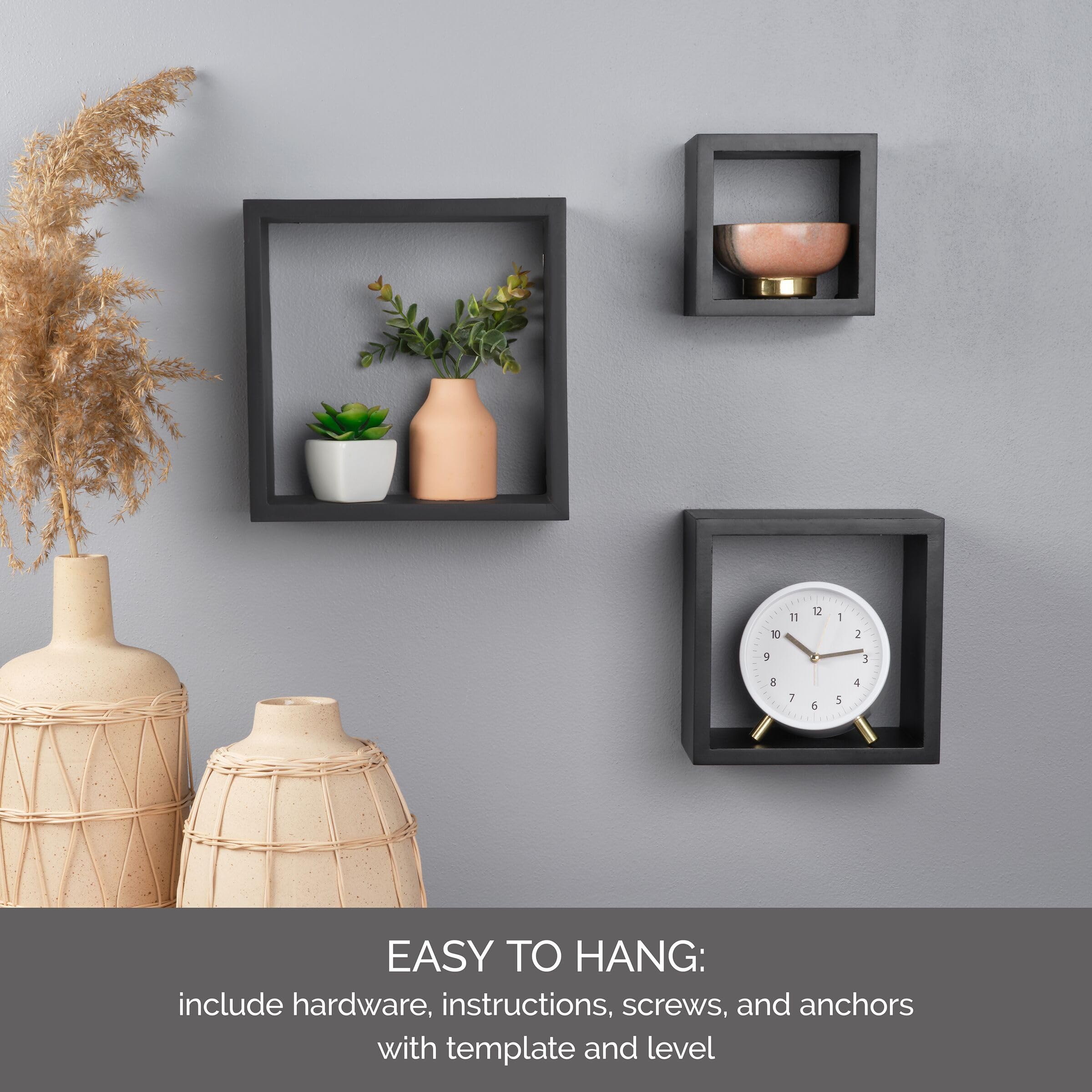Melannco Floating Wall Square Cube Shelves for Bedroom, Living Room, Bathroom, Kitchen - Wood, Set of 3, Black