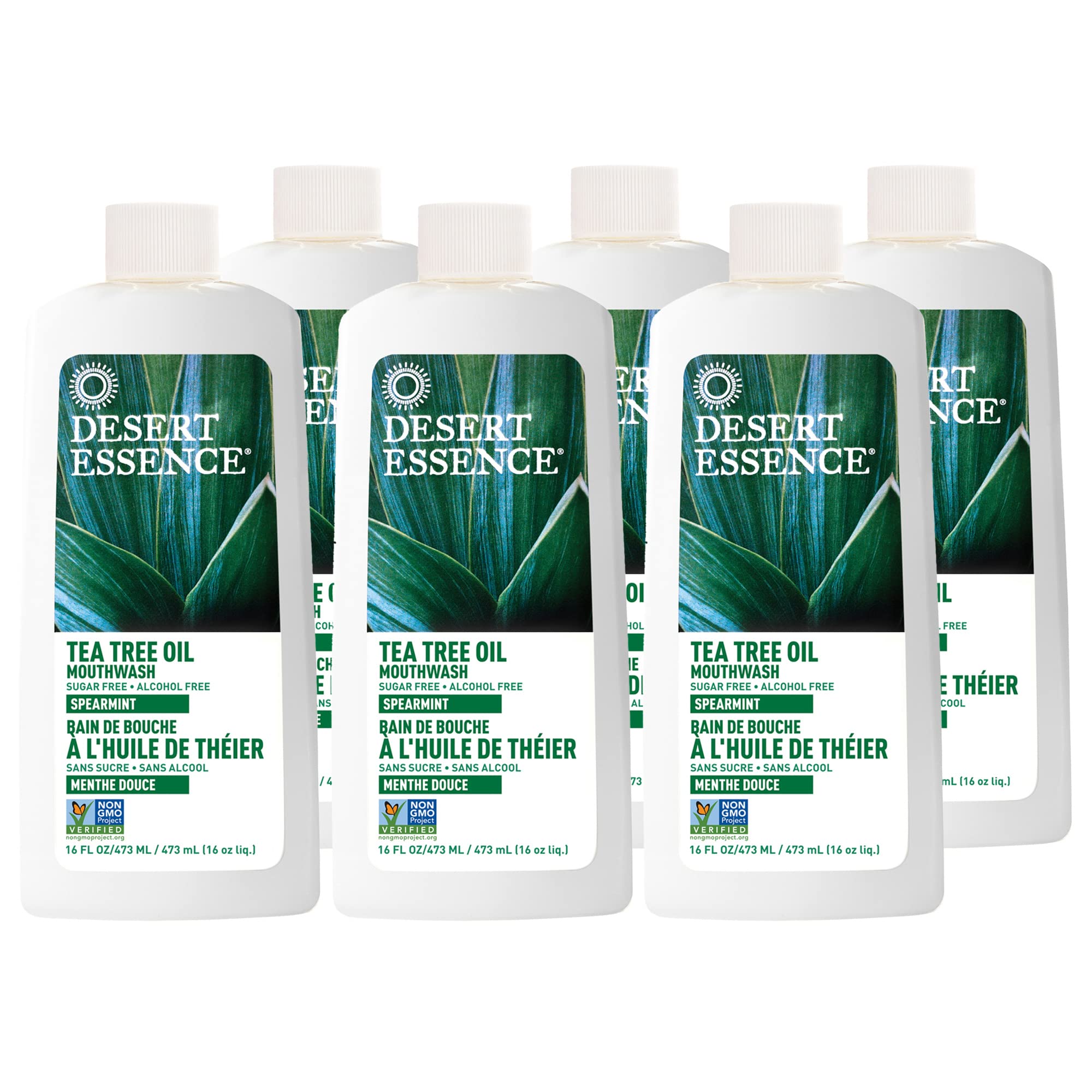 Desert Essence Tea Tree Oil Mouthwash - 16 Fl Ounce - Pack of 6 - Natural Refreshing - Spearmint Flavor - Helps Reduce Plaque Buildup - Refreshes Mouth & Gums - Vitamin C - Oral Care - No Parabens