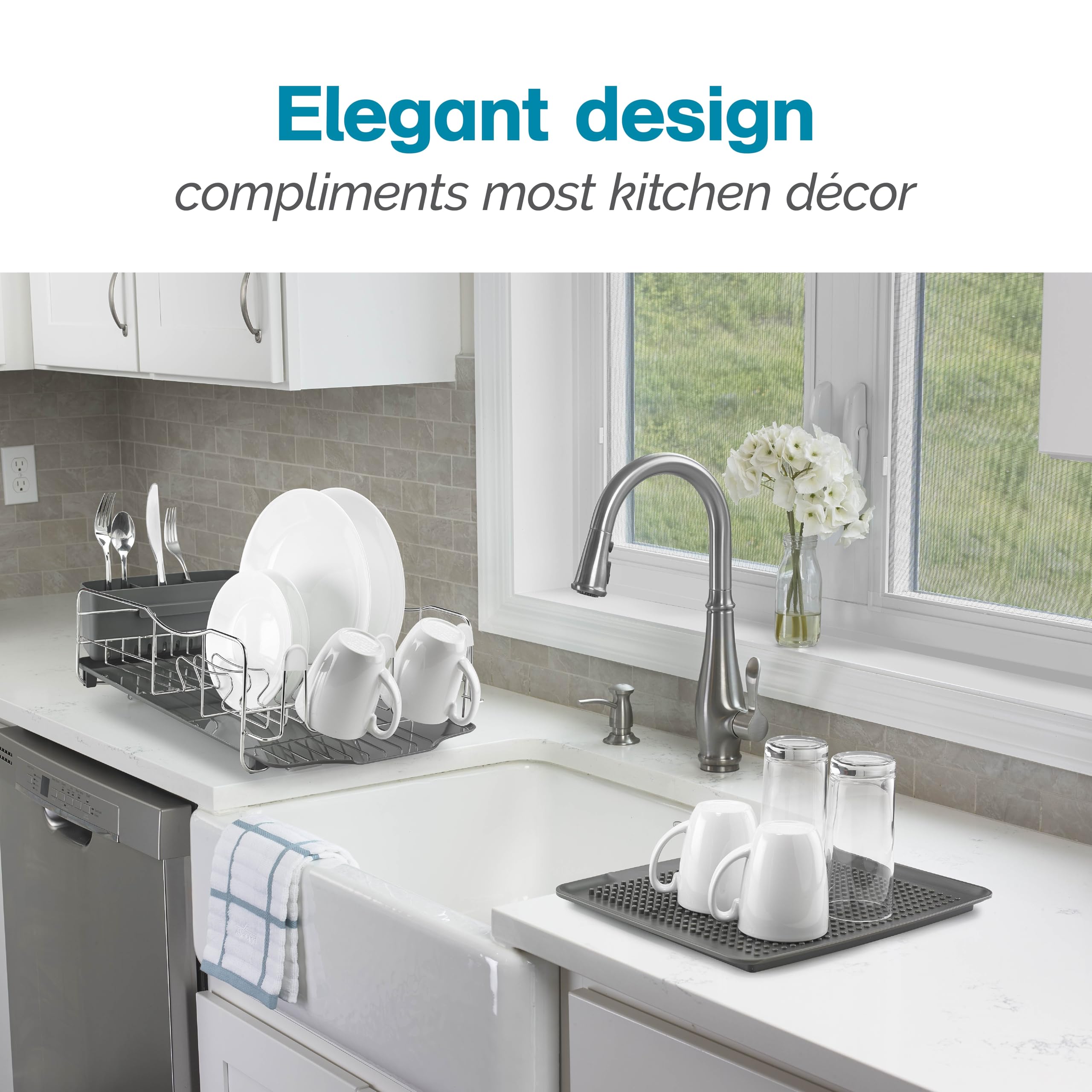 Polder KTH-615 Dish Rack & Tray 4 PC Combo– Advantage System Includes Rack, Drain Tray, Removable Drying Tray & Cutlery Holder – Stainless Steel & Plastic