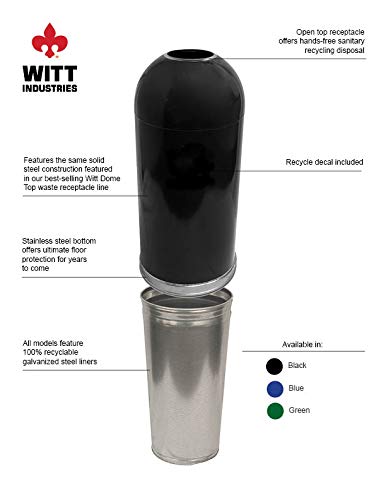 Witt Industries 15DTBK Steel 15-Gallon Standard Dome Top Indoor Waste Receptacle with Galvanized Liner, Round, 15" Diameter x 35" Height, Black