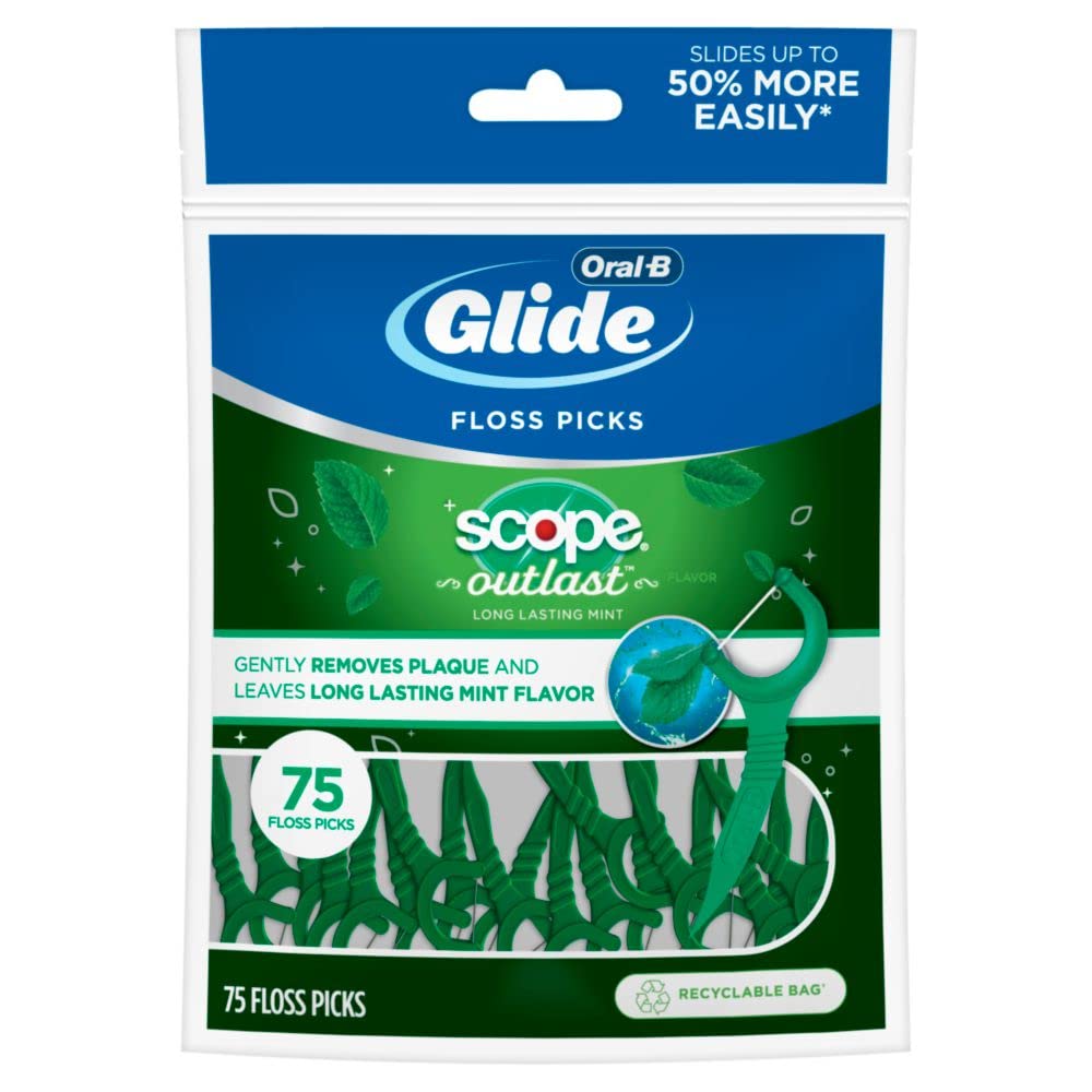 Oral-B Complete Glide Dental Floss Picks Plus Scope Outlast, Long Lasting Mint, 75 Dental Floss Picks, Green, Older Version, 450 Count, Pack of 6