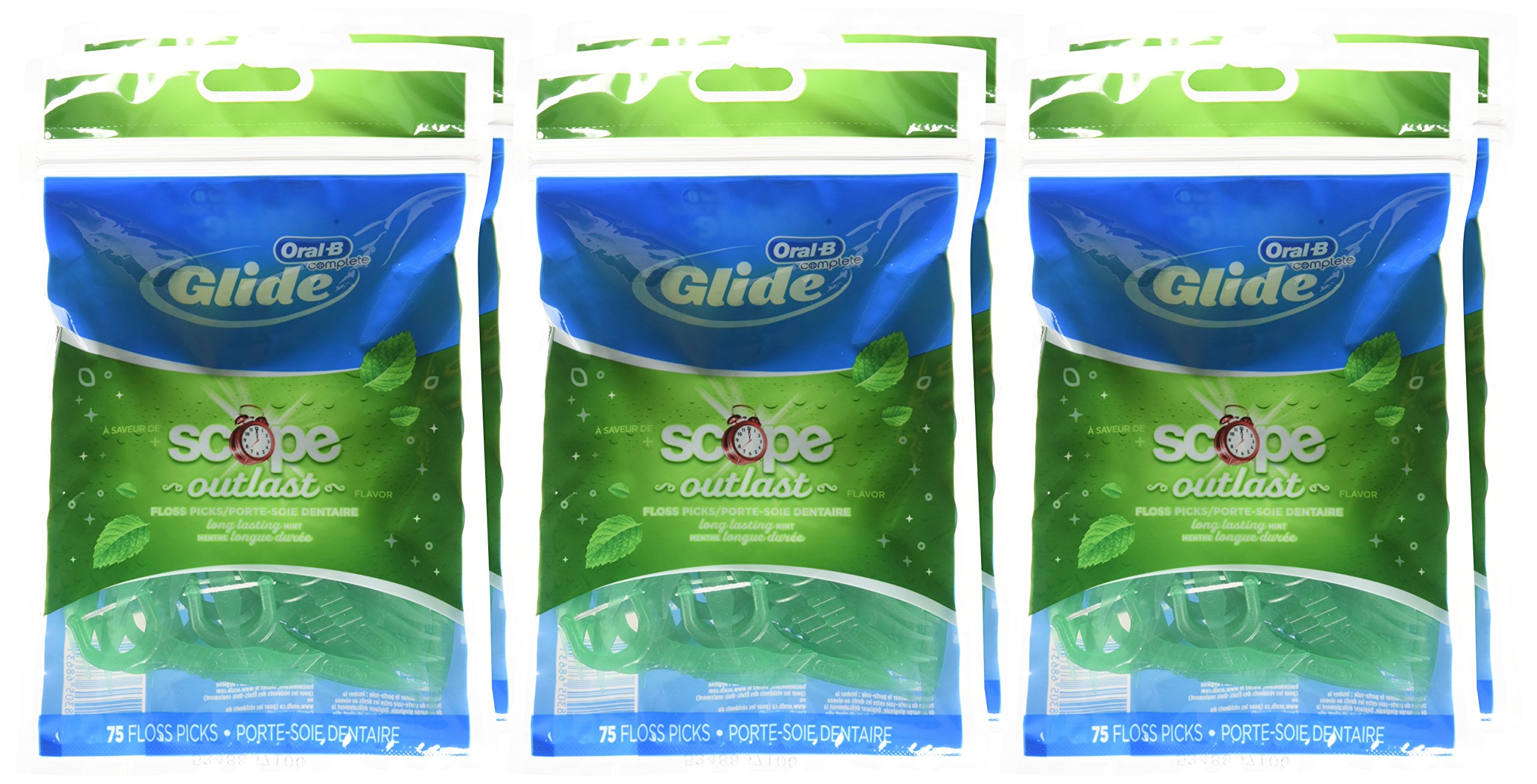Oral-B Complete Glide Dental Floss Picks Plus Scope Outlast, Long Lasting Mint, 75 Dental Floss Picks, Green, Older Version, 450 Count, Pack of 6