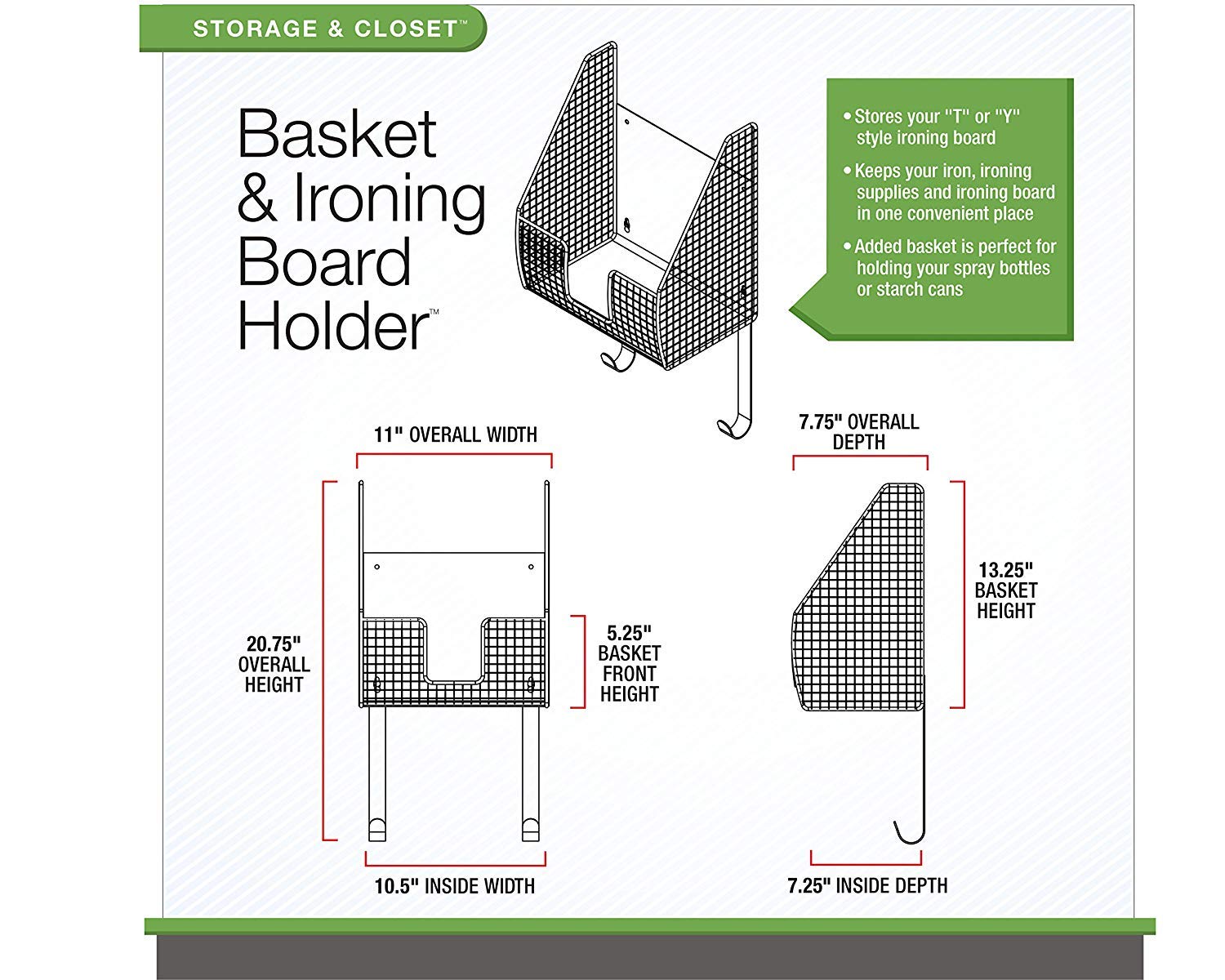 Spectrum Storage Basket, Heat-Resistant Ironing Board Holder Open Wire, Laundry Room Décor & Organization, Pewter