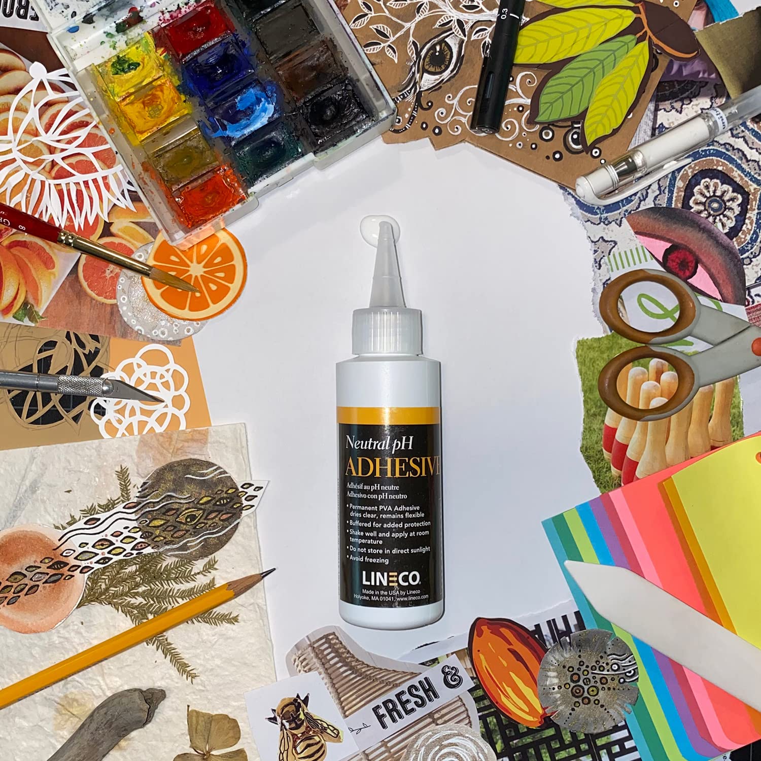 Lineco Neutral pH Adhesive, Acid-Free PVA Formula Water Soluble Dries Clear and Quick Flexible When Dried. 8 Ounces. Ideal For Book Binding and Other Paper Projects. White