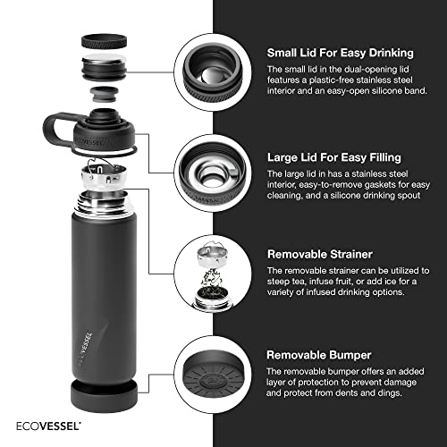 EcoVessel Stainless Steel Water Bottle with Insulated Dual Lid, Insulated Water Bottle with Strainer and Silicone Bottle Bumper, Coffee Mug β 20oz (Wild Magenta)