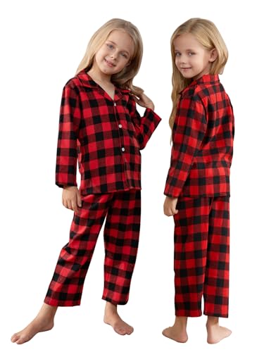 Schbbbta Kids Button Down Sleepwear Pjs Boys & Girls 2 Piece Plaid Pajama Set, Red Black, 4-5T = Tag 120