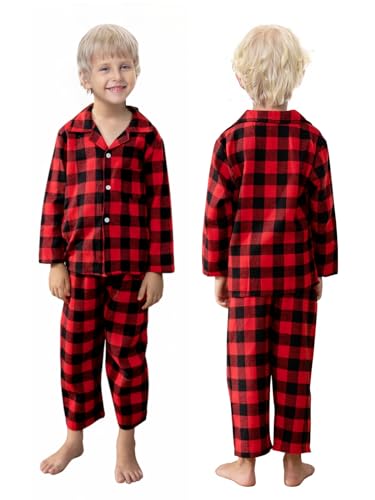 Schbbbta Kids Button Down Sleepwear Pjs Boys & Girls 2 Piece Plaid Pajama Set, Red Black, 4-5T = Tag 120