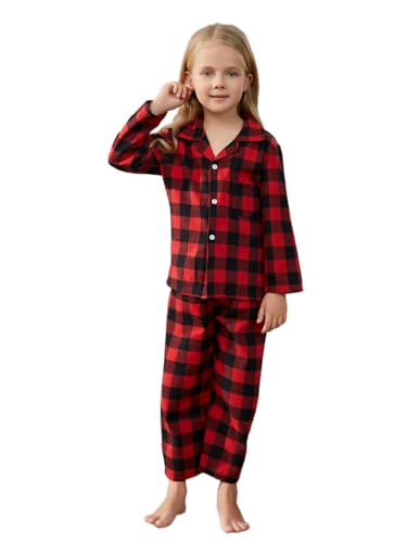 Schbbbta Kids Button Down Sleepwear Pjs Boys & Girls 2 Piece Plaid Pajama Set, Red Black, 4-5T = Tag 120