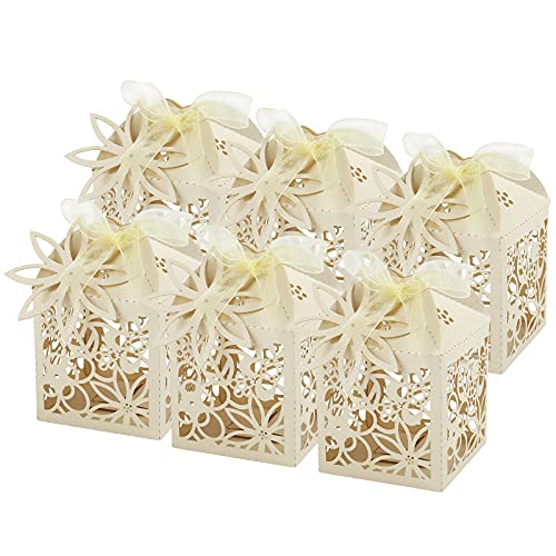 LEMESO 50 PCS Laser Cut Wedding Favors Baptism Candy Boxes for Small Gifts with 50 Ribbons and 50 Flower Tags, Great for Wedding Party Baby Shower Party