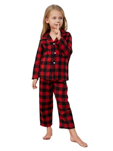 Schbbbta Kids Button Down Sleepwear Pjs Boys & Girls 2 Piece Plaid Pajama Set, Red Black, 4-5T = Tag 120