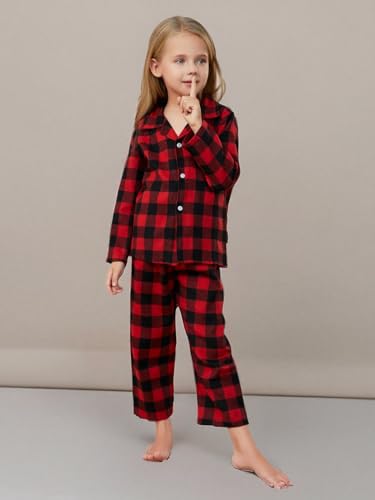 Schbbbta Kids Button Down Sleepwear Pjs Boys & Girls 2 Piece Plaid Pajama Set, Red Black, 4-5T = Tag 120
