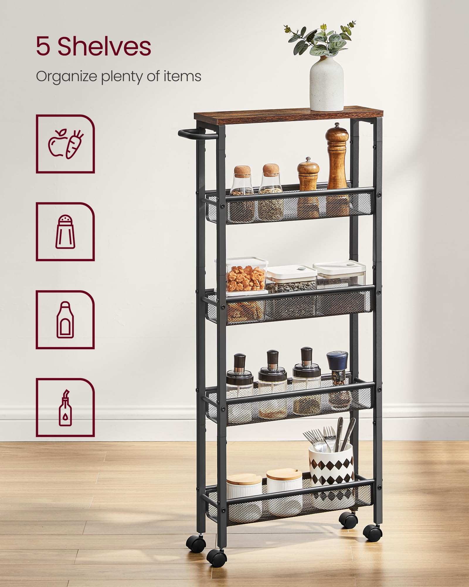 VASAGLE Slim Rolling Cart, 5-Tier Storage Cart, Narrow Cart with Handle, 5.1 Inches Deep, Metal Frame, for Kitchen, Dining Room, Living Room, Home Office, Rustic Brown and Classic Black ULRC034B01