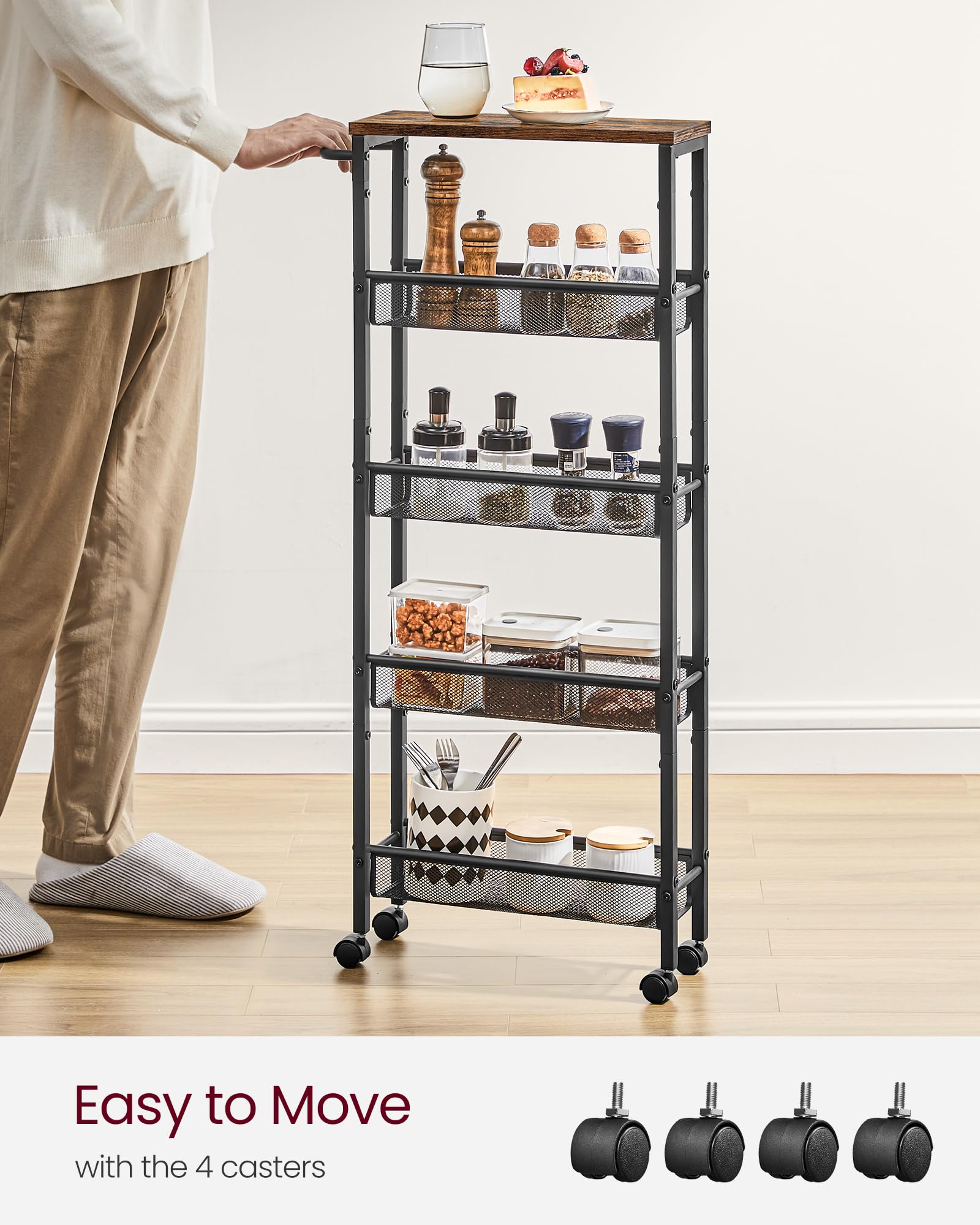 VASAGLE Slim Rolling Cart, 5-Tier Storage Cart, Narrow Cart with Handle, 5.1 Inches Deep, Metal Frame, for Kitchen, Dining Room, Living Room, Home Office, Rustic Brown and Classic Black ULRC034B01
