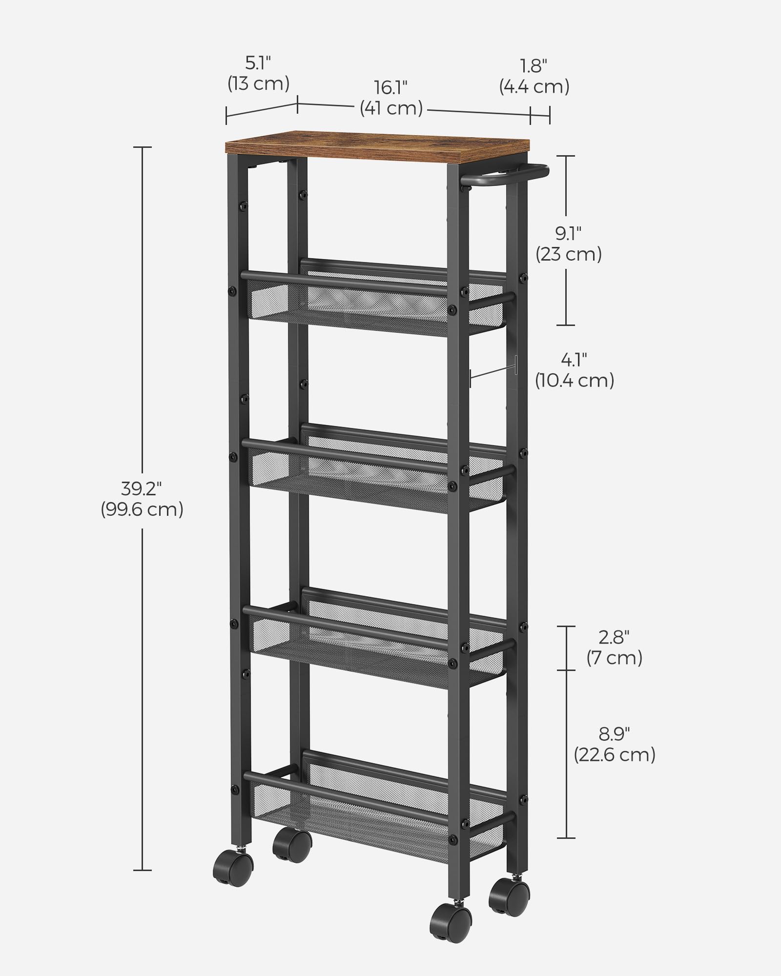 VASAGLE Slim Rolling Cart, 5-Tier Storage Cart, Narrow Cart with Handle, 5.1 Inches Deep, Metal Frame, for Kitchen, Dining Room, Living Room, Home Office, Rustic Brown and Classic Black ULRC034B01