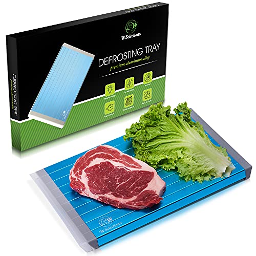 W Selections Defrosting Tray - Large Food & Meat Defroster with Tilted Design & Plastic Drip Tray - Rapid Thaw Aluminum Board - Quick Defrost Plate with Thawing Liquid Recipe, Funnel, Stoppers - Blue
