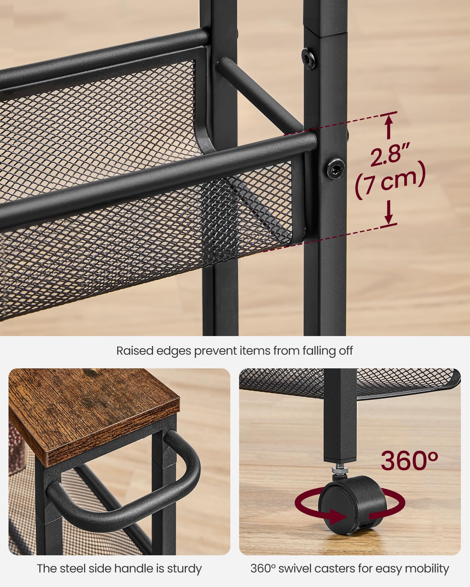 VASAGLE Slim Rolling Cart, 5-Tier Storage Cart, Narrow Cart with Handle, 5.1 Inches Deep, Metal Frame, for Kitchen, Dining Room, Living Room, Home Office, Rustic Brown and Classic Black ULRC034B01