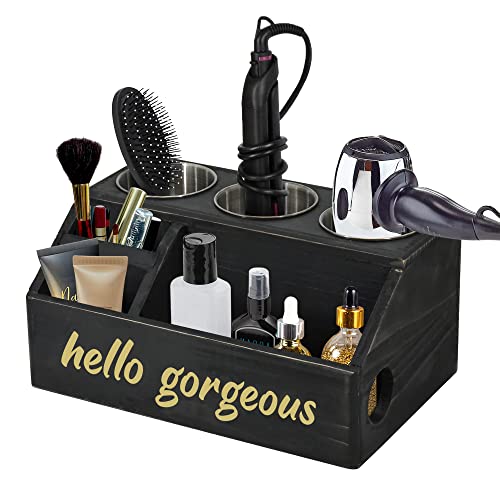 LADESIGGN Hair Tool Organizer for Bathroom Rustic Wood Hair Accessories Organizer Bathroom Tool Organizers and Storage with Metal Cups Wood Hair Dryer Holder Countertop Decorative Boxes Made of Wood