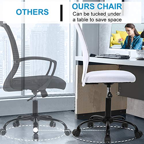 BestShop Home Office Chair Computer Chair Mid Back Mesh Chair, Desk Chair Height Adjustable Modern Task Chair No Armrest Rolling Swivel Chair Student Office Chair with Wheels,White