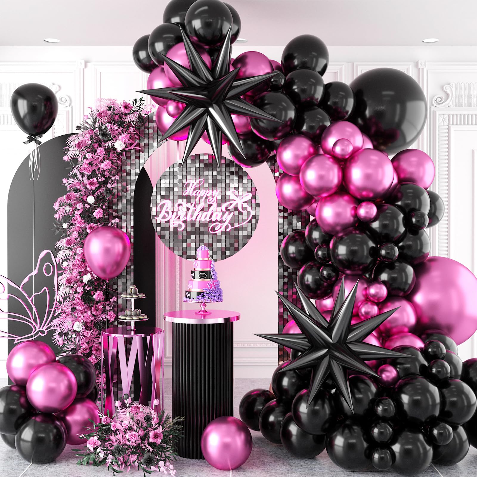 Hot Pink and Black Balloon Arch Kit, 5 10 18 Inch Birthday Party Balloons, Metallic Magenta Black Garland Kit with 2 Black Explosion Star Balloons, DIY Balloon Arch for Birthday Party Decoration