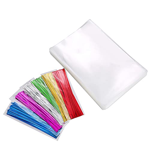 Macoota 200 Pcs 3" x 5" Small Clear Thick Cello Treat Bags Flat Cellophane Bags With 6 Colors Twist Ties Packaging Wrapping Cookies Candies Popcorn Gift Cellophane Bags