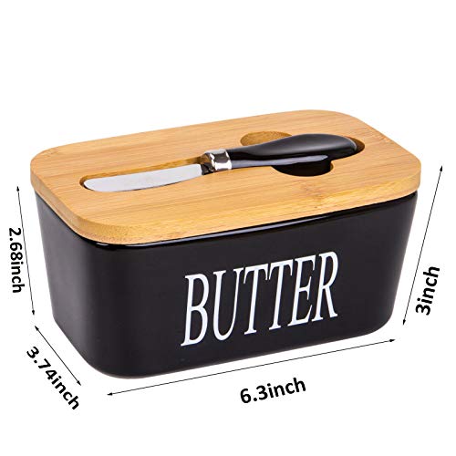 Butter Dish with Cover and knife-Ceramics Butter Container with Bamboo Lid for Countertop,Larger Butter Dishes with Covers Perfect for East West Coast Butter(Black with Words)