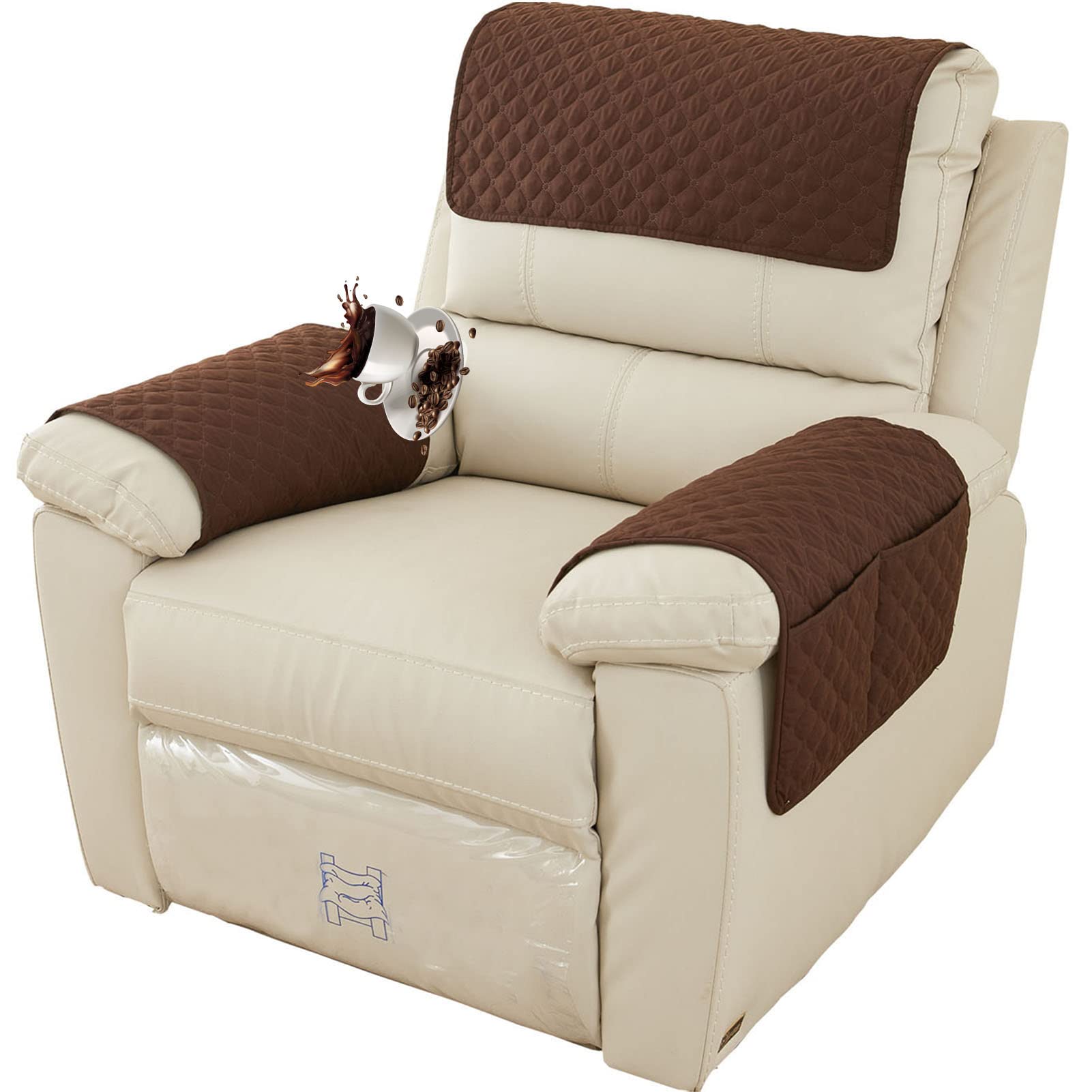 ZGDDPZA Sofa Armrest Cover,1/2/3 Seater Sofa Headrest Slipcovers with Pocket Nonslip Armchair Cover Quilted Water Proof Furniture Protector for Recliner Couch (Coffee,1 Seat Recliner 3 pc)