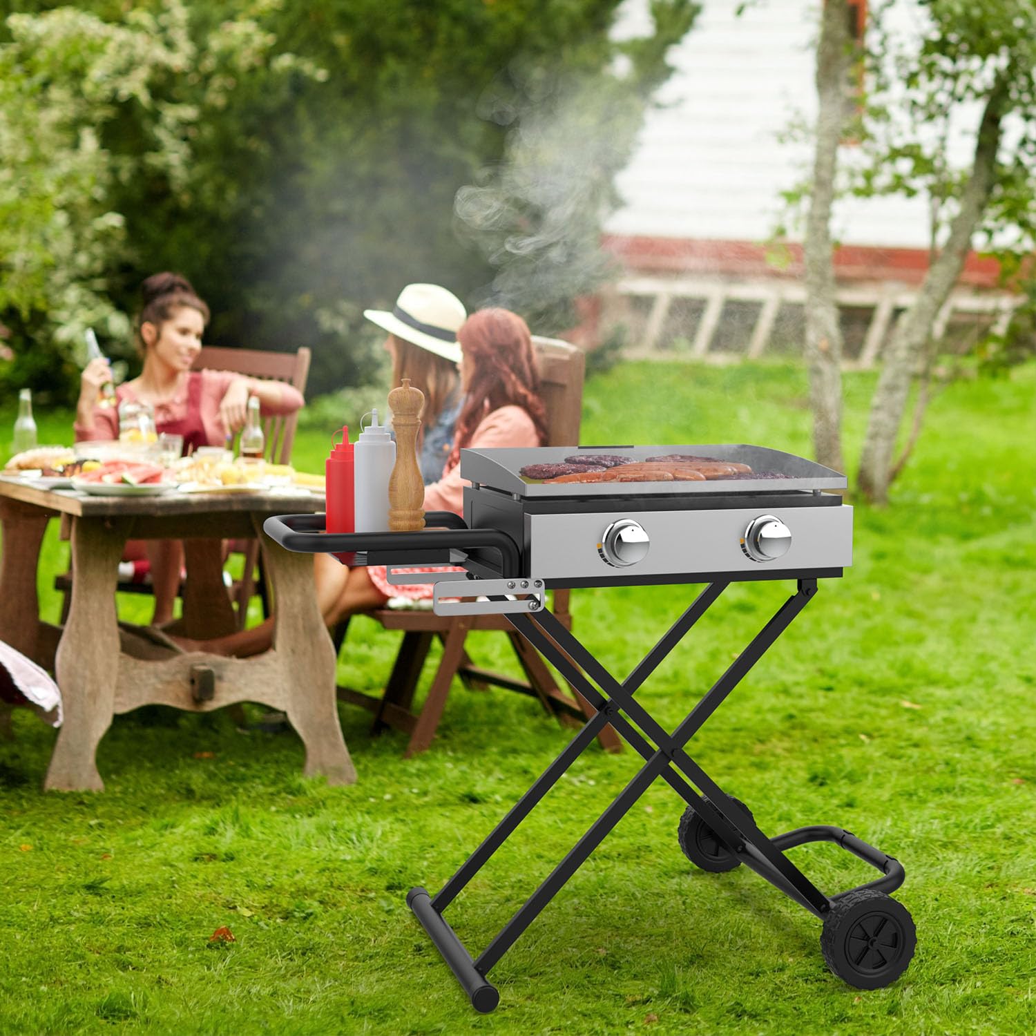EasiBBQ Portable Grill Cart and Cover for Blackstone 17" 22" Table Top Griddles, Folding Cart Griddle Stand Shelf for Backyard, Camping and Outdoor Cooking. Black