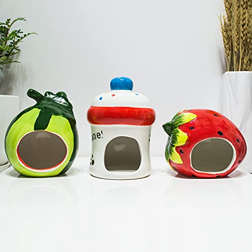 Besimple Hamster Hideout, Small Animal Hideout, Ceramic Pet House, Adorable Shape Hamster House Cave Mini Hut Cage Critter Bath House for Chinchilla Hamster(Strawberry)