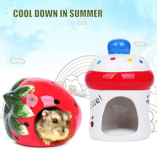 Besimple Hamster Hideout, Small Animal Hideout, Ceramic Pet House, Adorable Shape Hamster House Cave Mini Hut Cage Critter Bath House for Chinchilla Hamster(Strawberry)