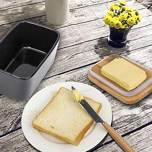 Butter Dish with Cover and knife-Ceramics Butter Container with Bamboo Lid for Countertop,Larger Butter Dishes with Covers Perfect for East West Coast Butter(Black with Words)