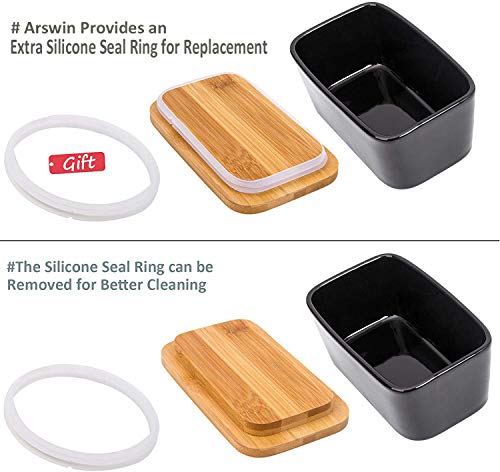 Butter Dish with Cover and knife-Ceramics Butter Container with Bamboo Lid for Countertop,Larger Butter Dishes with Covers Perfect for East West Coast Butter(Black with Words)