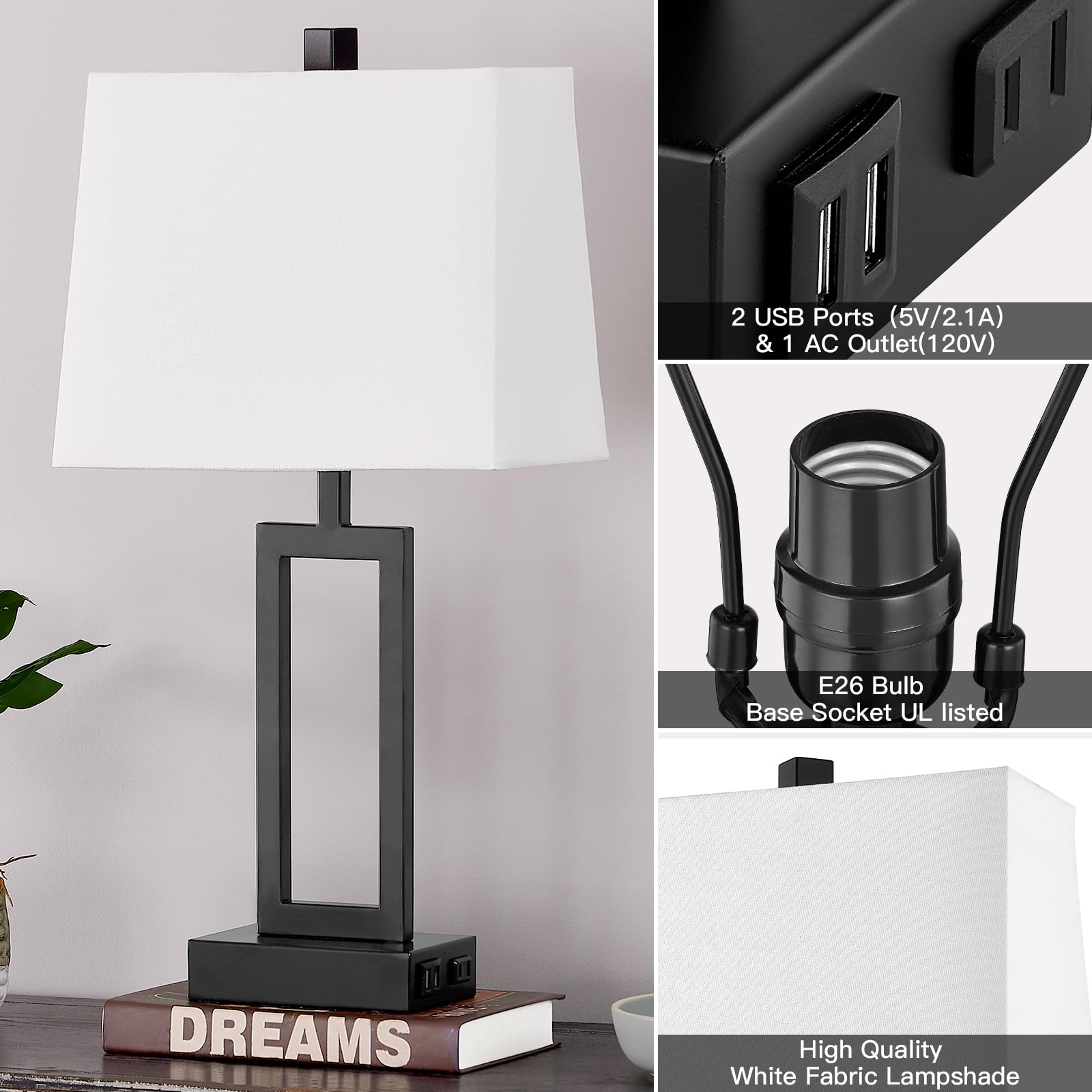 23.5" Touch Control Table Lamps Set of 2, Bedside Lamp with 2 USB Ports & AC Outlet, 3-Way Dimmable Nightstand Lamp with White Linen Shade for Living Room Bedroom End Table Office(2 LED Bulb Included)