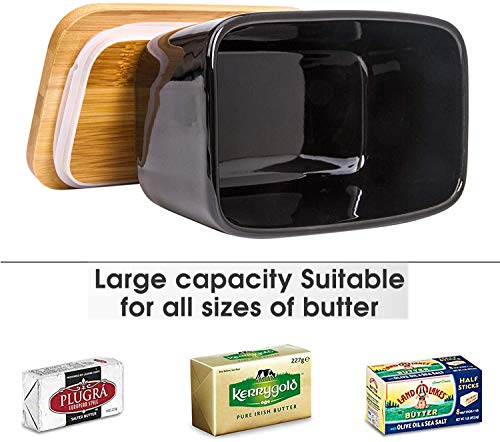 Butter Dish with Cover and knife-Ceramics Butter Container with Bamboo Lid for Countertop,Larger Butter Dishes with Covers Perfect for East West Coast Butter(Black with Words)