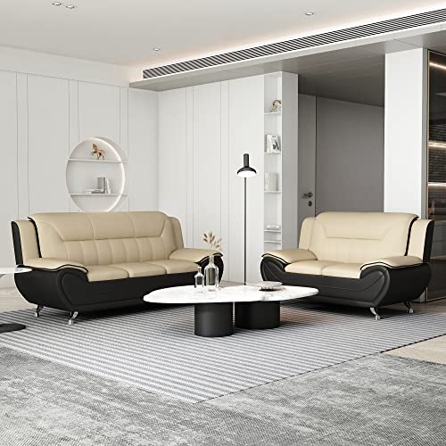 Container Furniture Direct Michael Modern Faux Leather Upholstered Stainless Steel Legs Living Room, Sofa, Loveseat, Black Camel