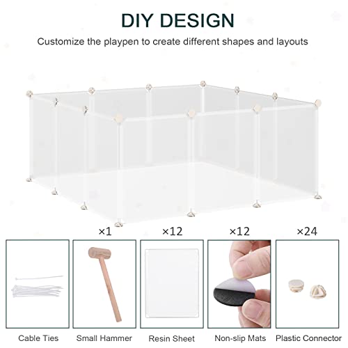 PawHut Pet Playpen DIY Small Animal Cage Open Enclosure Portable Plastic Fence 12 Panels for Bunny Chinchilla Guinea Pig White, 18" x 14"