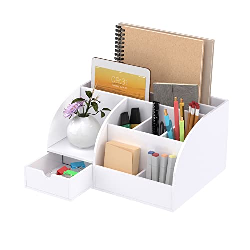 FEMELI Office Desk Organizer and Accessaries,Acrylic Desk Organizer with 8 Compartments +1 Drawer(White)