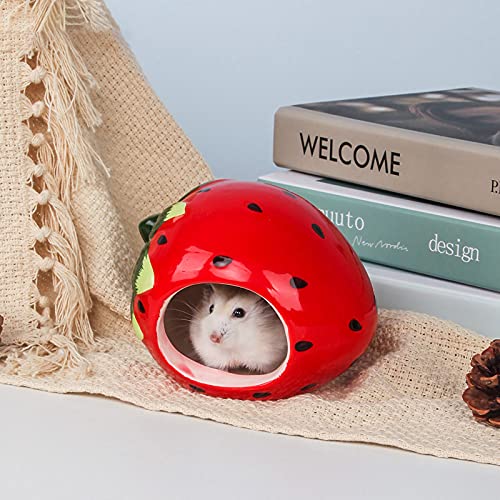 Besimple Hamster Hideout, Small Animal Hideout, Ceramic Pet House, Adorable Shape Hamster House Cave Mini Hut Cage Critter Bath House for Chinchilla Hamster(Strawberry)