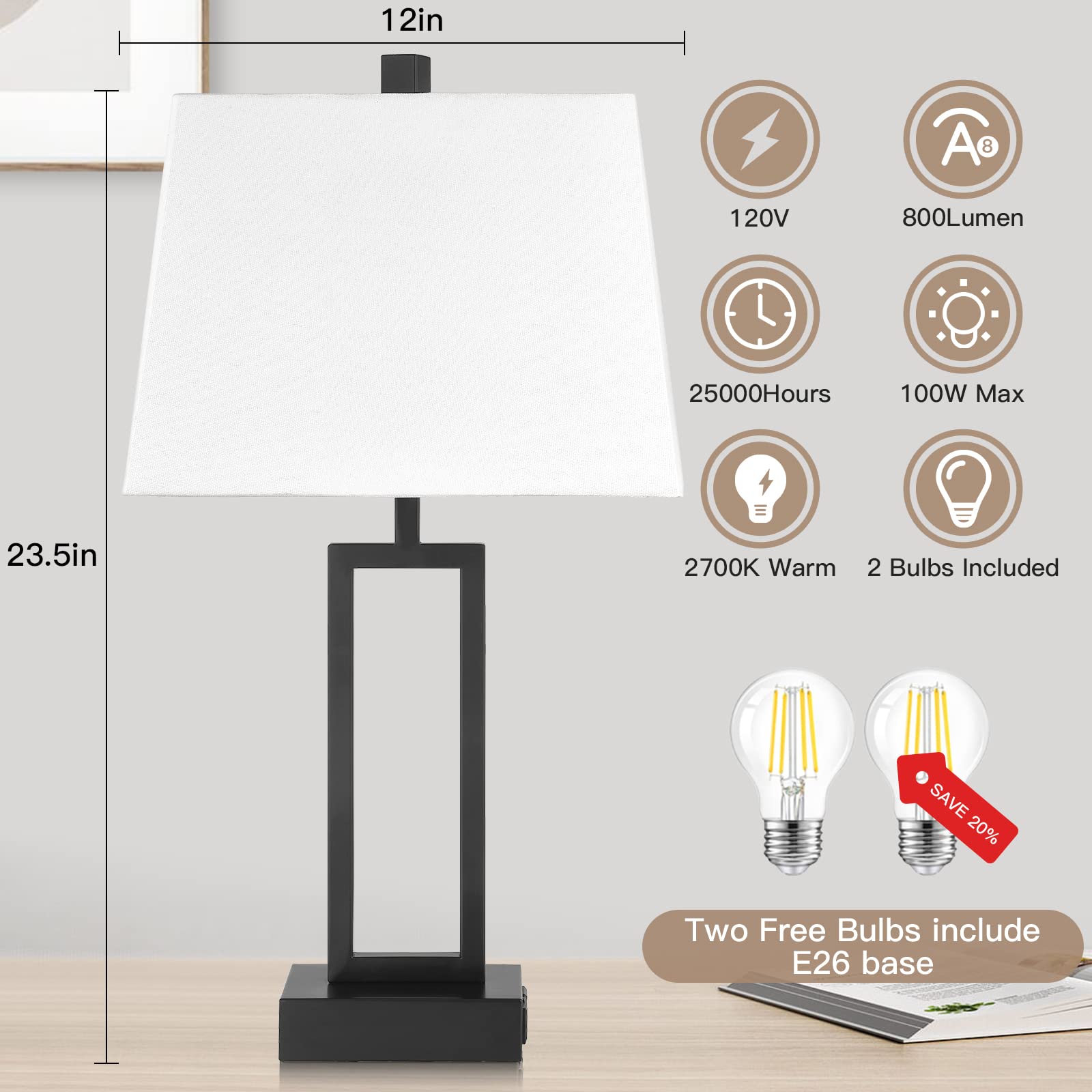 23.5" Touch Control Table Lamps Set of 2, Bedside Lamp with 2 USB Ports & AC Outlet, 3-Way Dimmable Nightstand Lamp with White Linen Shade for Living Room Bedroom End Table Office(2 LED Bulb Included)