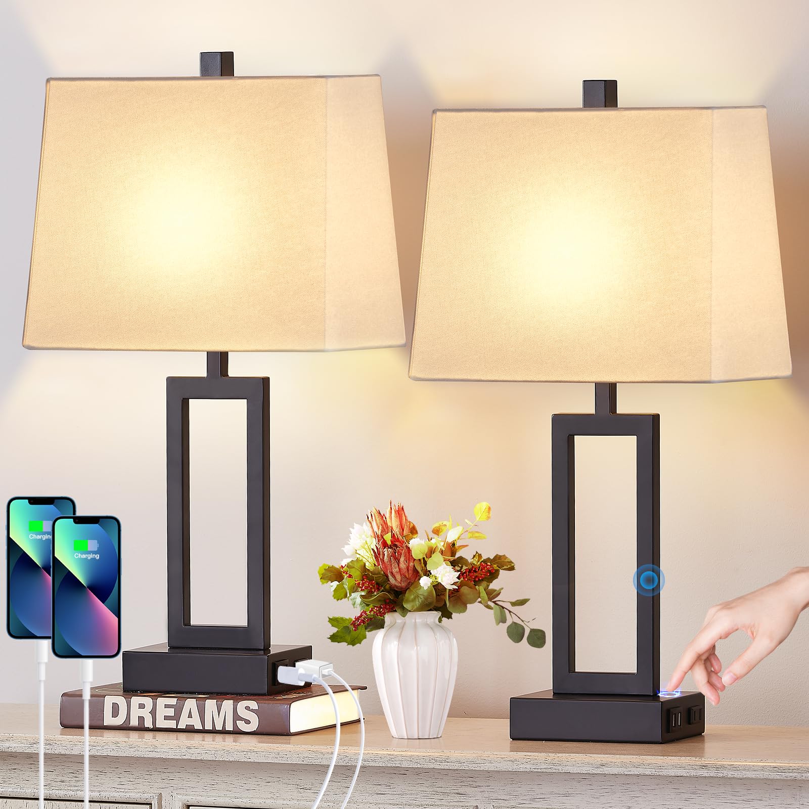 23.5" Touch Control Table Lamps Set of 2, Bedside Lamp with 2 USB Ports & AC Outlet, 3-Way Dimmable Nightstand Lamp with White Linen Shade for Living Room Bedroom End Table Office(2 LED Bulb Included)