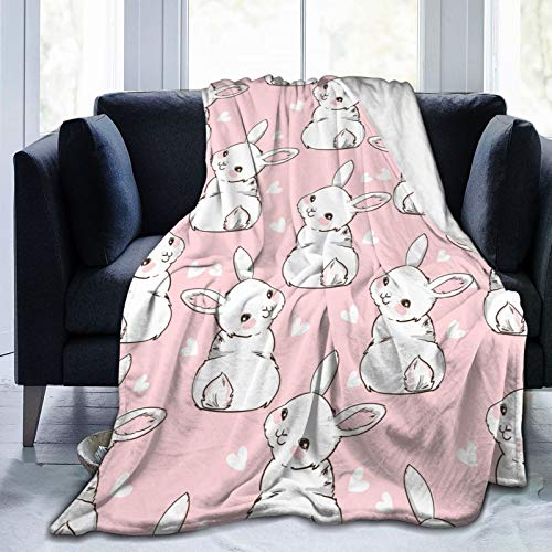 Gaseekry Blanket Hand Drawn Rabbit Bunny Heart Fleece Flannel Throw Blankets for Couch Bed Sofa Car,Cozy Soft Blanket Throw Queen King Full Size for Kids Women Adults 80"X60"